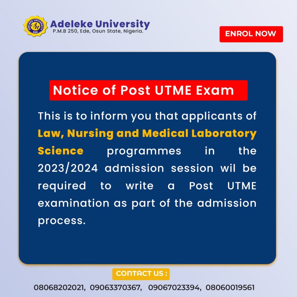 Notice of Post-utme examination - Adeleke University