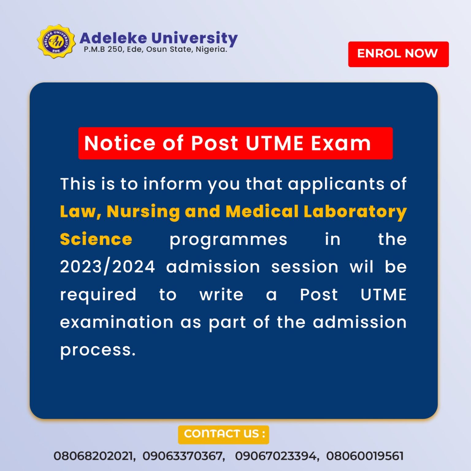 Notice of Post-utme examination - Adeleke University